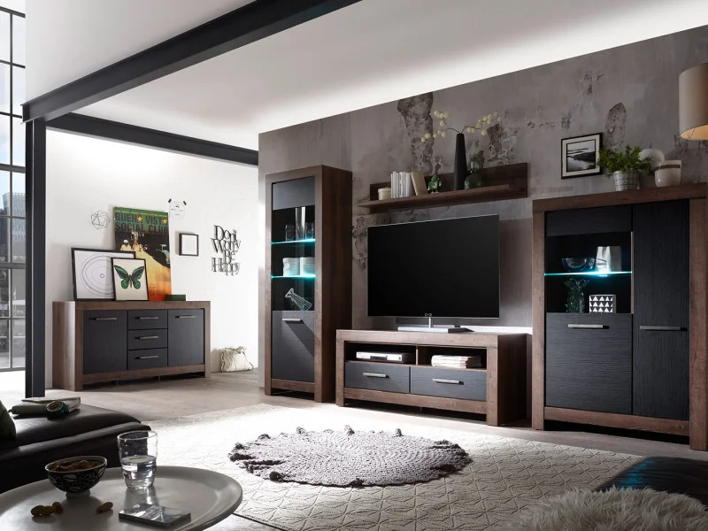 Modern Living Room TV Cabinet Media Bench Storage Cabinet Unit with 2 Drawers Black Oak Effect Balin